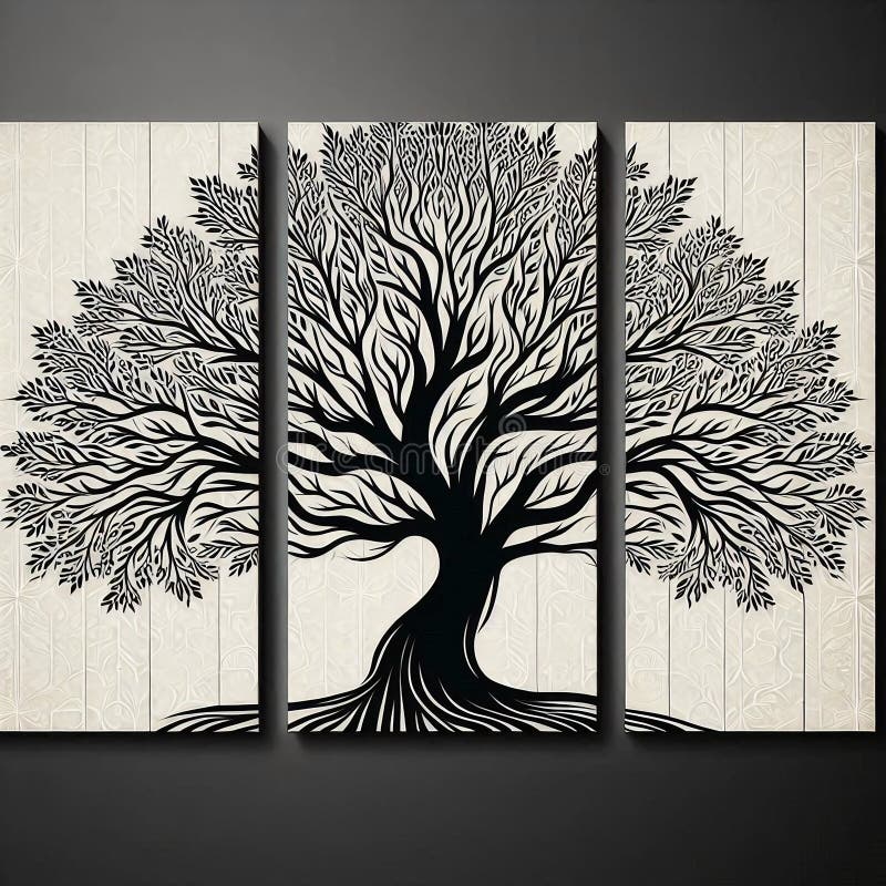 A Striking Triptych Artwork Featuring a Bold Black Tree with Intricate ...