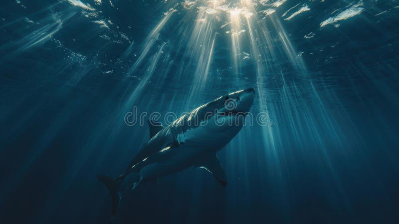 Majestic Great White Shark Swimming Ocean Sunlight Rays Stock Photos ...