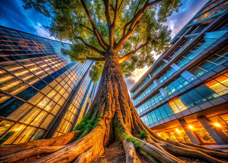 A Striking Urban Landscape Majestically Split Tree Against a Dramatic ...
