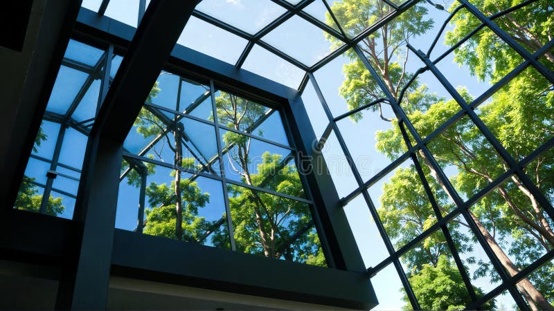 Modern Glass Structure with Reflection of Lush Green Trees Under a ...