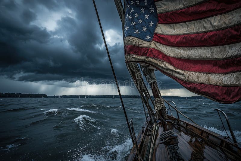 American Flag As Sails Battling Stormy Ocean Waves with Lightning and ...