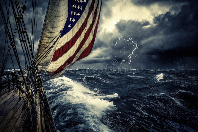American Flag As Sails Battling Stormy Ocean Waves with Lightning and ...