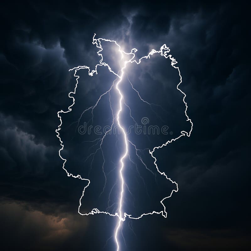 Lightning Strike Over Germany Map Outline with Dark Thunderstorm Clouds ...