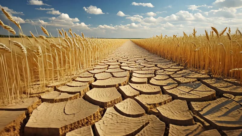 Drought and Agriculture: Cracked Earth Path through Wheat Field Under ...