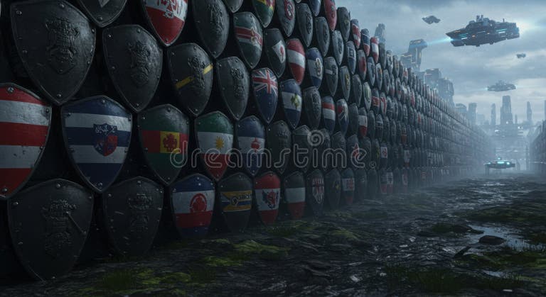 Ancient Shields Guarding a Dystopian Future City Stock Illustration ...