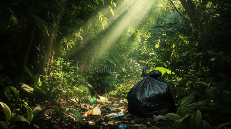 A Striking Visual of Pollution a Trash Bag in a Lush Forest Highlights ...