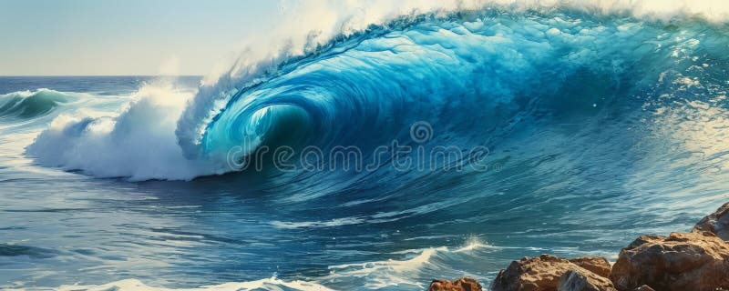 Large Wave Breaking Over Rocks on the Ocean Stock Illustration ...