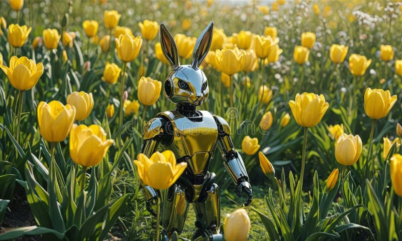 Robot Standing in Field Yellow Tulipps Stock Illustration ...