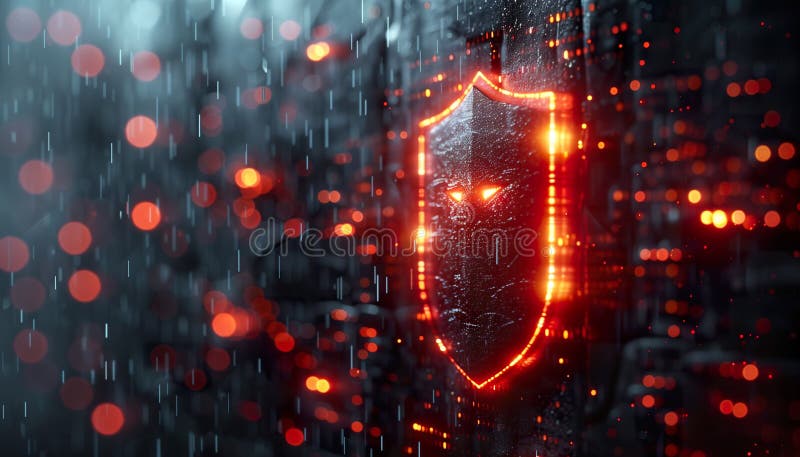 Red Cybersecurity Shield in Digital Rain Concept. Generative AI Stock ...