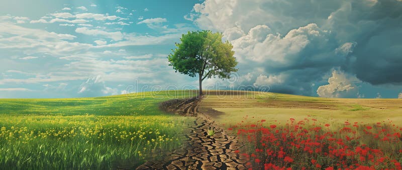 Contrast between Lush Grass and Dry Earth Symbolizing Climate Change ...