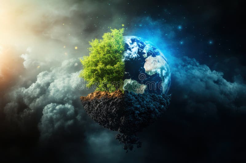 Conceptual Illustration of Earth Divided between Nature and Pollution ...