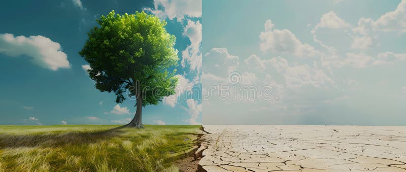 Climate Change Visual: Lush Green Vs. Dry Desert Stock Illustration ...