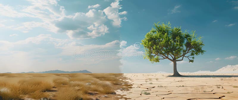 Split Image of Climate Change Impact with Lush Grass and Dry Desert ...