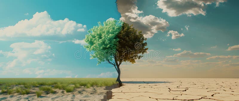 Climate Change Impact: Lush Green Vs. Arid Desert Split Stock ...