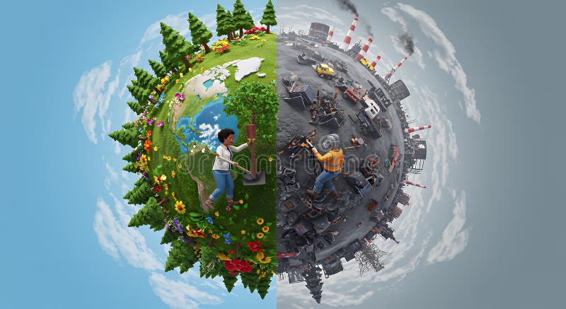 Half Destroyed and Half Preserved Planet Earth Environmental Contrast ...