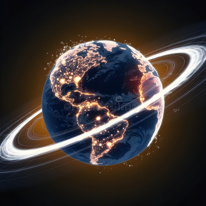 Planet Glowing with Radiant Orbs, Dynamic Energy Patterns Against Dark ...