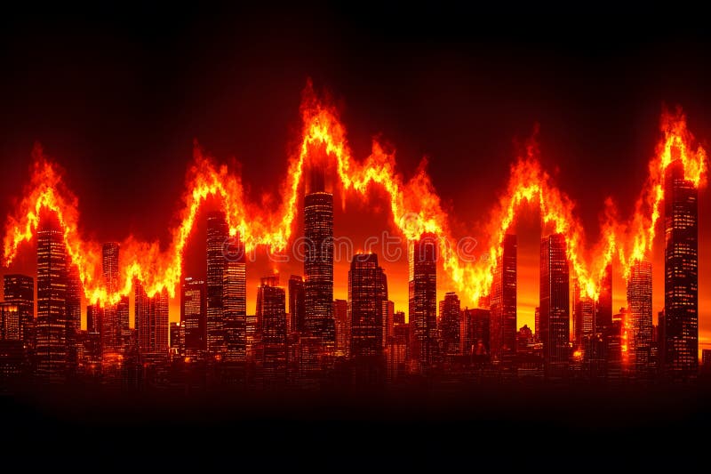 Flaming Stock Market Concept Art with City Skyline Generative AI Stock ...