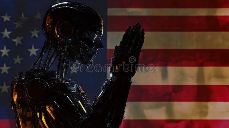 A Striking Visual of a Robot with Computer Against Usa Flag, Featuring ...