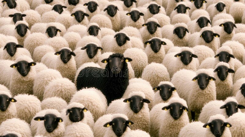 A Unique Black Sheep Stands Out Amidst a Sea of Fluffy White Sheep in ...
