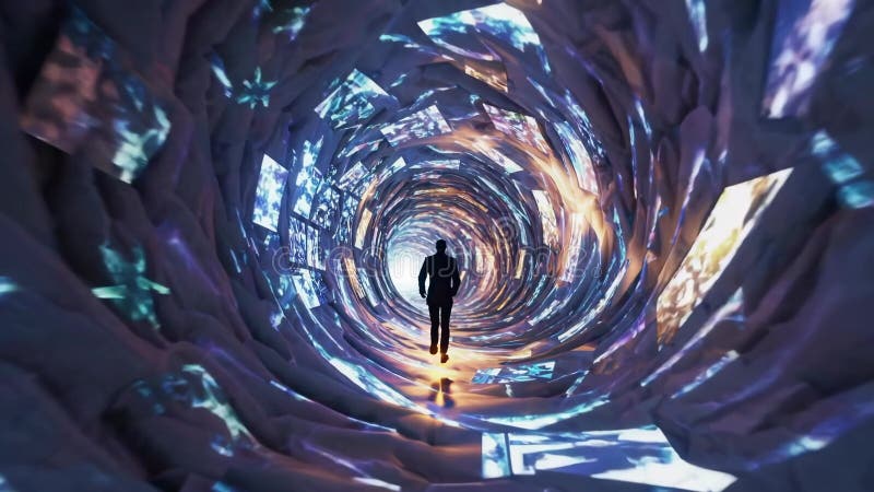Person Silhouette in Geometric Video Tunnel with Angular Light Patterns ...