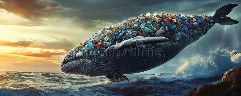 Striking Whale Bursting from the Ocean Surface Covered in Plastic Waste ...