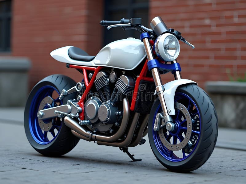 A Striking White Motorcycle with a Red Frame and Blue Wheels Stock ...