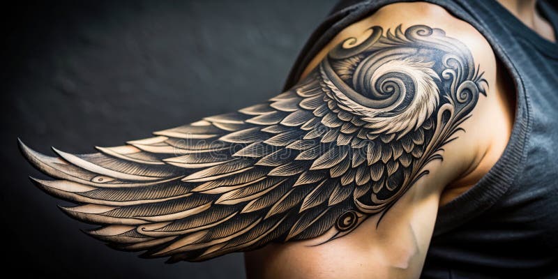 A Striking Wing Motif Intricate Feather Patterns and Dramatic Shading ...