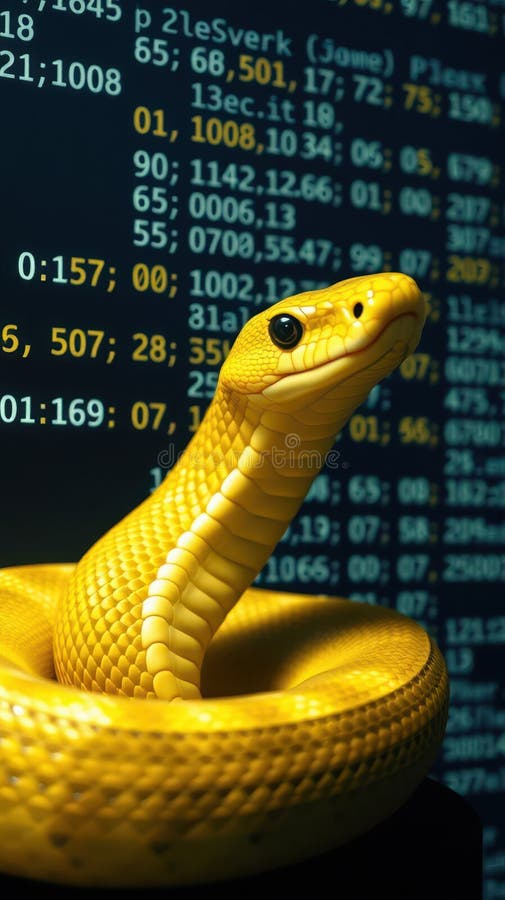 Yellow Snake Coiling Against a Digital Backdrop of Numbers and Data in ...