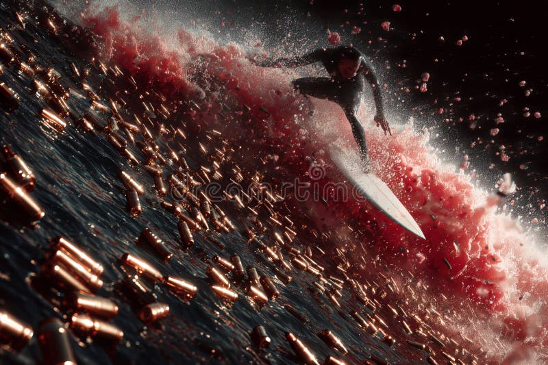 Surfer Rides a Wave of Bullets in a Surreal Underwater Landscape Stock ...