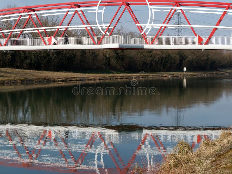 Vibrant Modern Red Bridge Reflecting Calm Water Surrounded Nature Stock ...