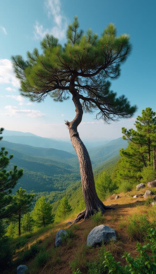 Majestic Twisted Pine Tree Overlooking Serene Mountain Landscape Stock ...