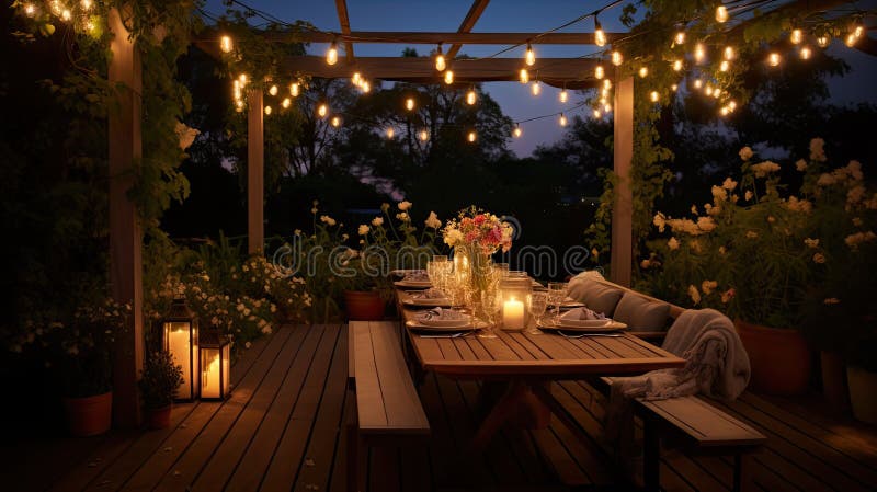 String Backyard with Lights Stock Illustration - Illustration of oasis, table: 318232093