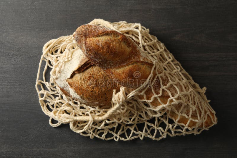 String Bag with Bread on Black Background Stock Image - Image of bake ...