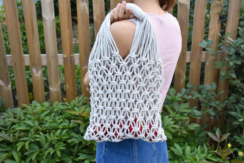 Handmade Woven Macrame String Bag Stock Image - Image of cord, hobi ...