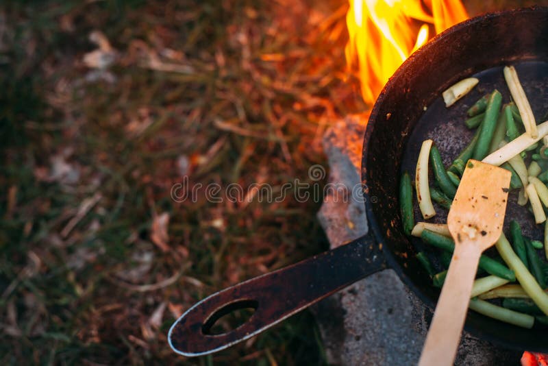String Beans in a Pan. Cooking Vegetables on an Open Fire. Food on a ...