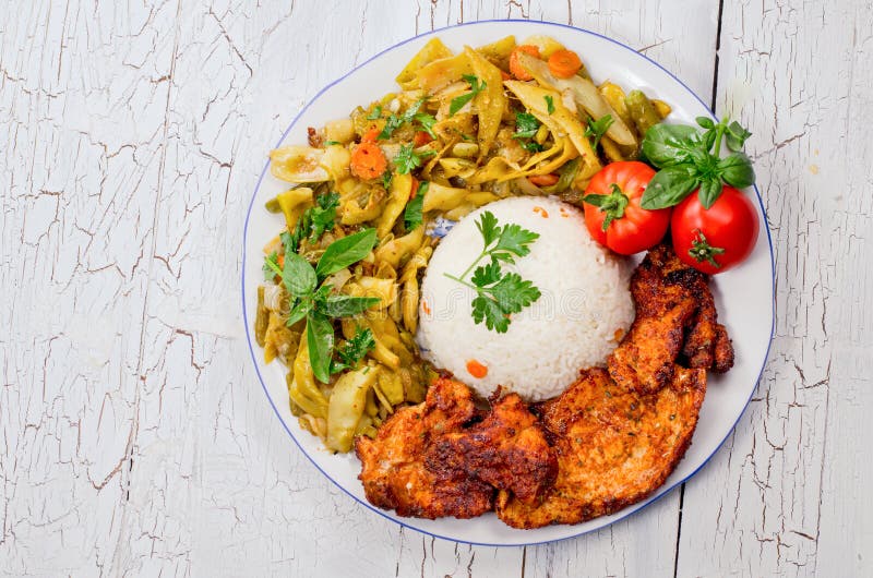 String Beans Rice and Chicken Steak Stock Image - Image of grill ...