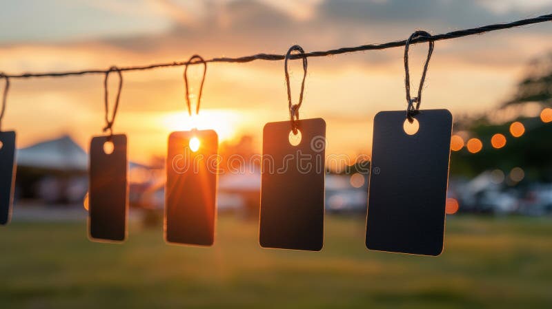 A String of Black Tags Hanging from a Wire. Stock Photo - Image of ...