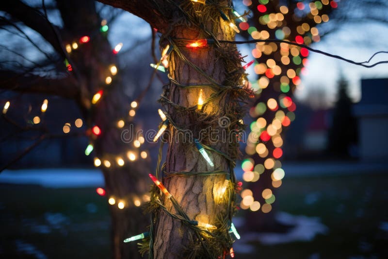 String of Christmas Lights Wrapped Around a Tree Stock Image - Image of ...