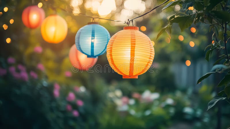 String of Colorful Lanterns Hanging from a Tree Stock Photo - Image of ...