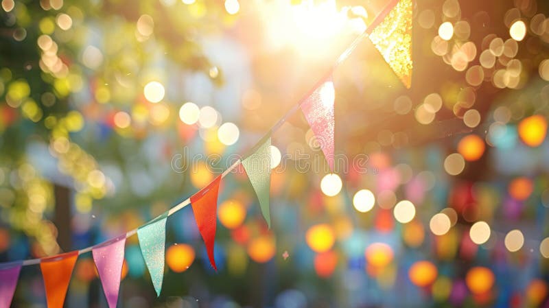 Colorful Flags Hanging at a Sunny Outdoor Event Stock Illustration ...