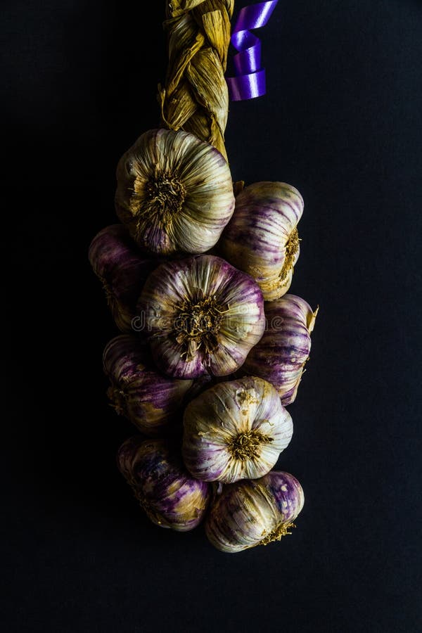 String of Garlic, Dark Background Stock Photo - Image of vegetable ...
