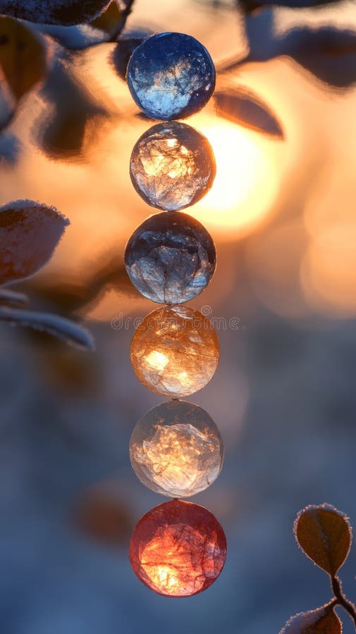 A String of Glistening Orbs Hang from a Tree Branch with a Sunset in ...