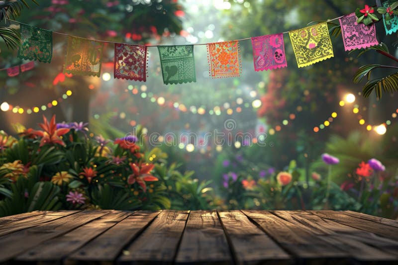 String of Handmade Cut Paper Flags on Blurred Background with Empty ...