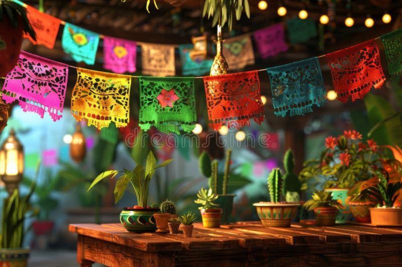 String of Handmade Cut Paper Flags on Blurred Background with Empty ...