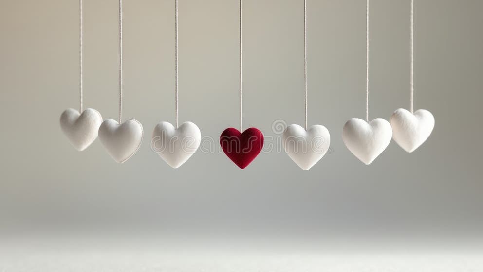 A String of Hearts with One Red Heart and Four White Hearts Stock Photo ...