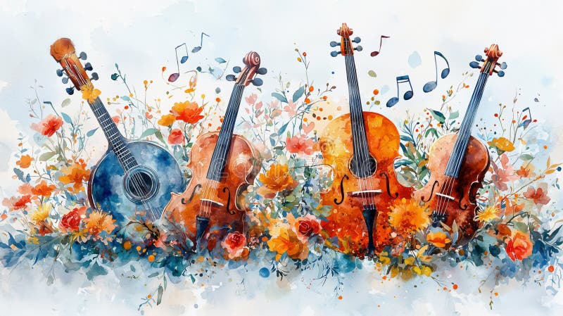 AI Generated. String Instruments Surrounded by Colorful Florals and ...
