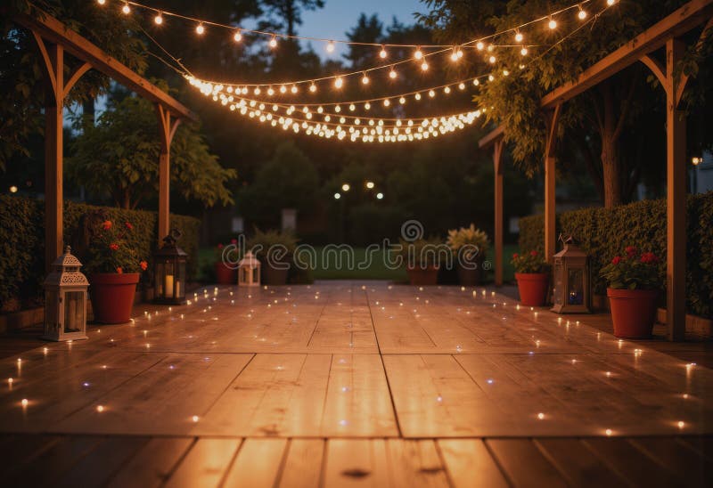 String-light Canopy Illuminating a Backyard Dance Floor before Guests ...