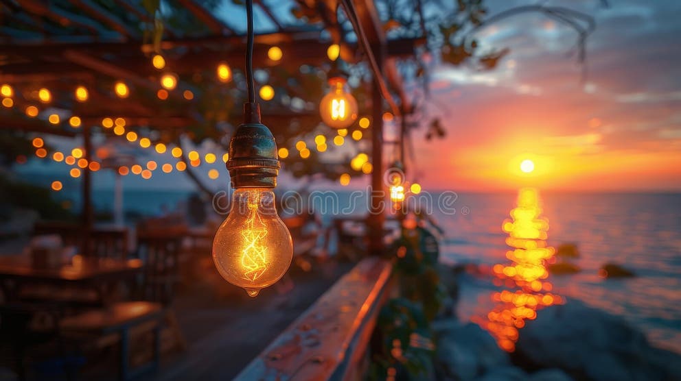 String Lights Create a Festive Ambiance on a Beachfront Deck Against the Backdrop of a Stunning ...