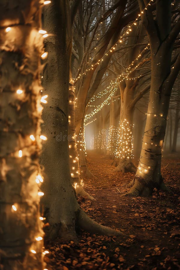 Pathway Lit by String Lights Winding through Autumn Forest Stock ...