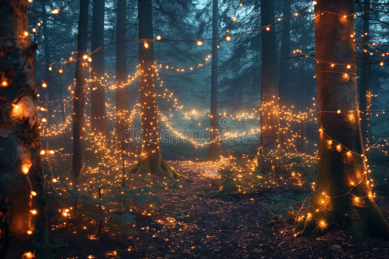 Pathway Lit by String Lights Winding through a Misty Forest Stock ...